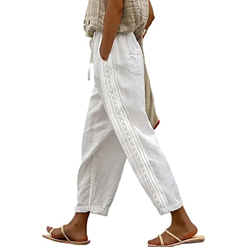 TIAFORD Women's Summer Casual Linen Pants Elastic Waist Relaxed Fit Straight Leg Crop Pants Beach Trousers with Pockets White