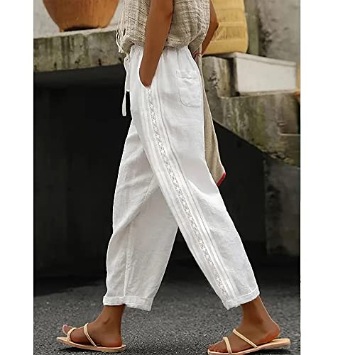 TIAFORD Women's Summer Casual Linen Pants Elastic Waist Relaxed Fit Straight Leg Crop Pants Beach Trousers with Pockets White