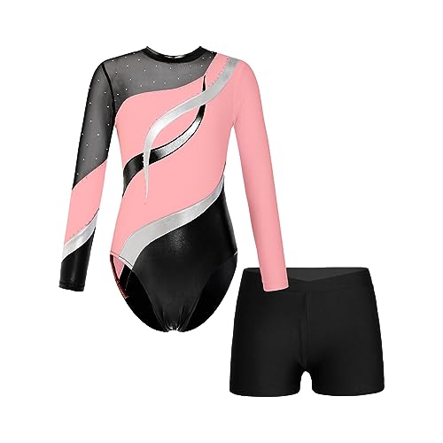 Jizyo Kids Girls Rhinestone Ballet Dance Outfits Long Sleeve Gymnastic Leotard with Booty Shorts Set Gym Biketard Tracksuit Pink A 8 Years