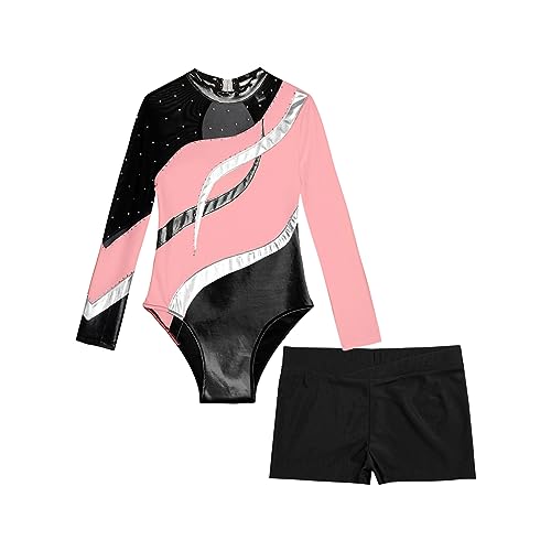 Jizyo Kids Girls Rhinestone Ballet Dance Outfits Long Sleeve Gymnastic Leotard with Booty Shorts Set Gym Biketard Tracksuit Pink A 8 Years