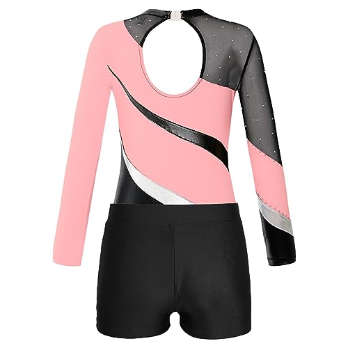 Jizyo Kids Girls Rhinestone Ballet Dance Outfits Long Sleeve Gymnastic Leotard with Booty Shorts Set Gym Biketard Tracksuit Pink A 8 Years