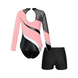 Jizyo Kids Girls Rhinestone Ballet Dance Outfits Long Sleeve Gymnastic Leotard with Booty Shorts Set Gym Biketard Tracksuit Pink A 8 Years