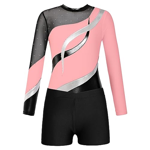 Jizyo Kids Girls Rhinestone Ballet Dance Outfits Long Sleeve Gymnastic Leotard with Booty Shorts Set Gym Biketard Tracksuit Pink A 8 Years