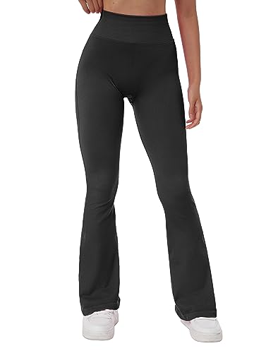 MOSHENGQI Women Ribbed Flare Leggings Seamless High Waist Bootcut Yoga Pants(M,007-Black)