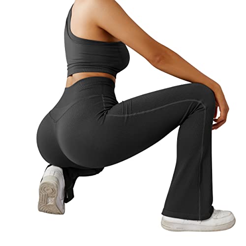 MOSHENGQI Women Ribbed Flare Leggings Seamless High Waist Bootcut Yoga Pants(M,007-Black)