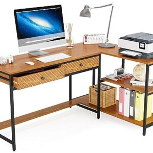 Tribesigns L Shaped Desk with 2 Drawers, 59” Reversible Computer Desk with Storage Shelves, Industrial Home Office Corner Desk Study Writing Table, Walnut