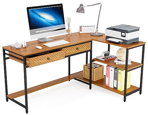 Tribesigns L Shaped Desk with 2 Drawers, 59” Reversible Computer Desk with Storage Shelves, Industrial Home Office Corner Desk Study Writing Table, Walnut