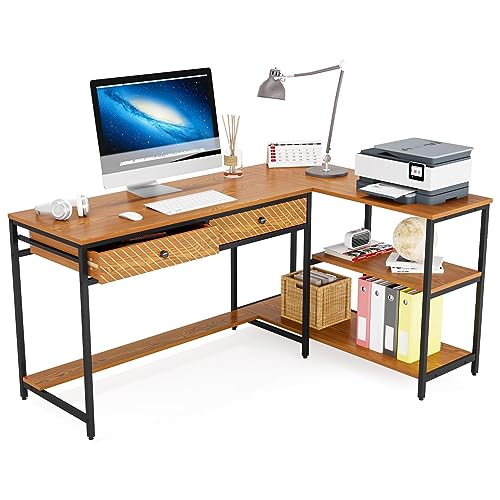 Tribesigns L Shaped Desk with 2 Drawers, 59” Reversible Computer Desk with Storage Shelves, Industrial Home Office Corner Desk Study Writing Table, Walnut