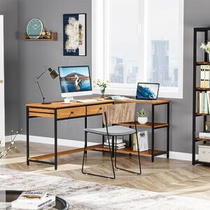 Tribesigns L Shaped Desk with 2 Drawers, 59” Reversible Computer Desk with Storage Shelves, Industrial Home Office Corner Desk Study Writing Table, Walnut