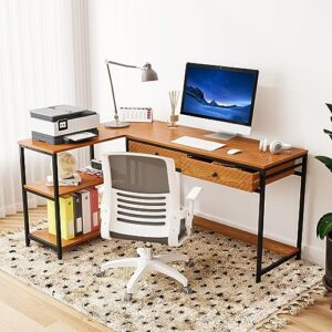 Tribesigns L Shaped Desk with 2 Drawers, 59” Reversible Computer Desk with Storage Shelves, Industrial Home Office Corner Desk Study Writing Table, Walnut