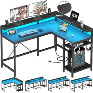 loomie l shaped computer desk, 83" gaming desk with led light & power outlets, corner desk with full monitor stand & adjustable storage shelves, home office desk with 2 hooks, 2 person desk, black