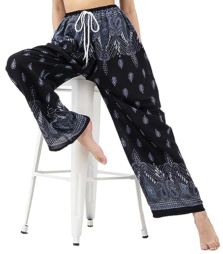 B BANGKOK PANTS Harem Pants Women Hippie Clothes Boho Print Drawstring (as1, Alpha, one_Size, Regular, Regular, Bohemian Black, Relaxed)