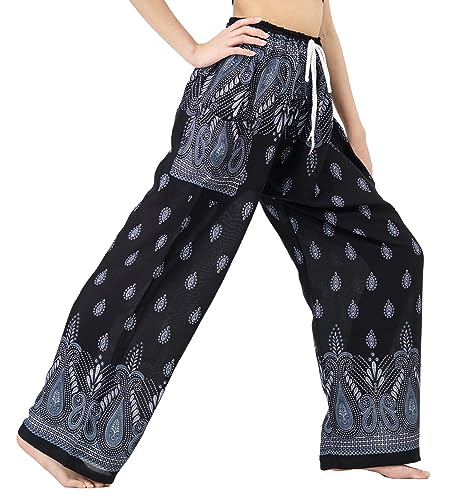 B BANGKOK PANTS Harem Pants Women Hippie Clothes Boho Print Drawstring (as1, Alpha, one_Size, Regular, Regular, Bohemian Black, Relaxed)