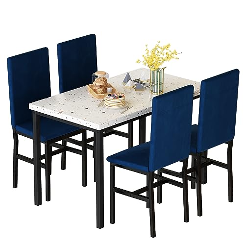 Hooseng Dining Table Set for 4, Faux Marble Kitchen Table and Chairs for 4, 5 Piece Dinner Kitchen Table Set -Size: 47L x 27W x 30H, Space Saving Dining Table Furniture Set for Apartment, Restaurant