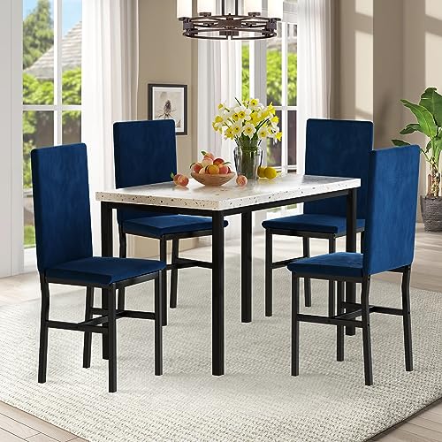 Hooseng Dining Table Set for 4, Faux Marble Kitchen Table and Chairs for 4, 5 Piece Dinner Kitchen Table Set -Size: 47L x 27W x 30H, Space Saving Dining Table Furniture Set for Apartment, Restaurant