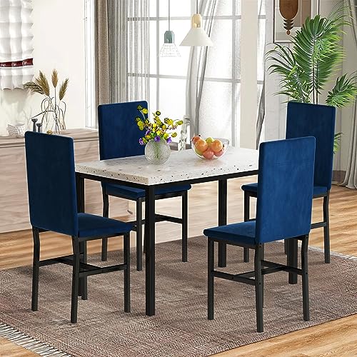 Hooseng Dining Table Set for 4, Faux Marble Kitchen Table and Chairs for 4, 5 Piece Dinner Kitchen Table Set -Size: 47L x 27W x 30H, Space Saving Dining Table Furniture Set for Apartment, Restaurant