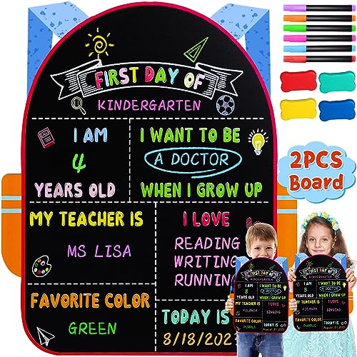 2 Pcs First Day of School Board, 12 x 10 Inch Double Sided First Day of School Sign for Preschool Kindergarten K12, Reusable Back to School Sign Chalkboard Photo Prop Supplies for Kids Girls Boys