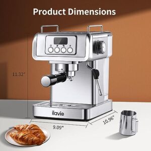 ILAVIE 20 Bar Espresso Machine, Stainless Steel Espresso Coffee Machine for Cappuccino, Latte, Espresso Maker for Home, Automatic Espresso Machine with Milk Steamer, 1.8L Water Tank, 1350W