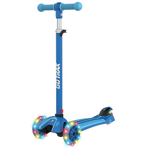 Gotrax KS1 Kids Kick Scooter, LED Lighted Wheels and 3 Adjustable Height Handlebars, Lean-to-Steer & Widen Anti-Slip Deck, 3 Wheel Scooter for Boys & Girls Ages 2-8 and up to 100 Lbs (Blue)