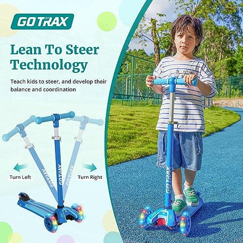 Gotrax KS1 Kids Kick Scooter, LED Lighted Wheels and 3 Adjustable Height Handlebars, Lean-to-Steer & Widen Anti-Slip Deck, 3 Wheel Scooter for Boys & Girls Ages 2-8 and up to 100 Lbs (Blue)