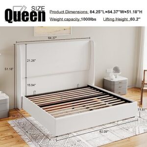 Jocisland Queen Size Lift Up Storage Bed Linen Upholstered Platform Bed Frame/Hydraulic Storage/Modern Wingback Headboard/Wood Slats Support/No Box Spring Needed/White