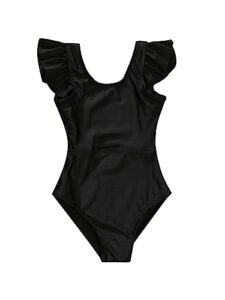 mom and me matching family swimsuit solid color small fly sleeves one-piece mother daughter girl one piece swimsuit (3-9 years, a-black girls, 8-9 years)