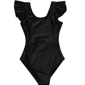 Mom and Me Matching Family Swimsuit Solid Color Small Fly Sleeves One-Piece Mother Daughter Girl One Piece Swimsuit (3-9 Years, A-Black Girls, 8-9 Years)