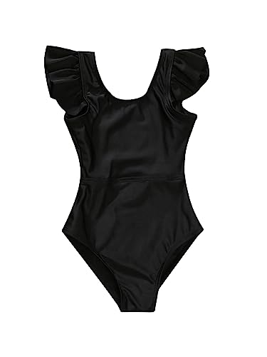 Mom and Me Matching Family Swimsuit Solid Color Small Fly Sleeves One-Piece Mother Daughter Girl One Piece Swimsuit (3-9 Years, A-Black Girls, 8-9 Years)