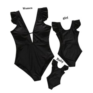 Mom and Me Matching Family Swimsuit Solid Color Small Fly Sleeves One-Piece Mother Daughter Girl One Piece Swimsuit (3-9 Years, A-Black Girls, 8-9 Years)