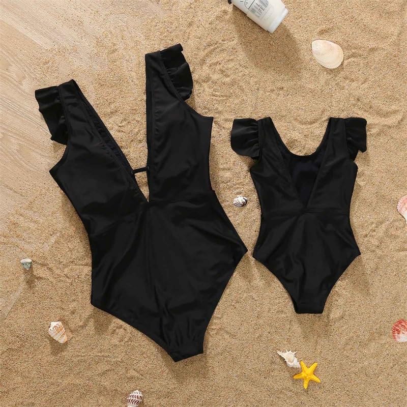 Mom and Me Matching Family Swimsuit Solid Color Small Fly Sleeves One-Piece Mother Daughter Girl One Piece Swimsuit (3-9 Years, A-Black Girls, 8-9 Years)