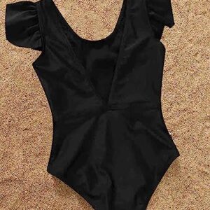 Mom and Me Matching Family Swimsuit Solid Color Small Fly Sleeves One-Piece Mother Daughter Girl One Piece Swimsuit (3-9 Years, A-Black Girls, 8-9 Years)