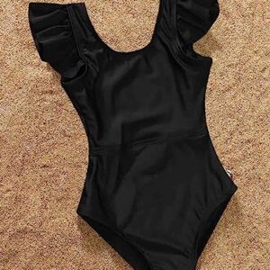 Mom and Me Matching Family Swimsuit Solid Color Small Fly Sleeves One-Piece Mother Daughter Girl One Piece Swimsuit (3-9 Years, A-Black Girls, 8-9 Years)