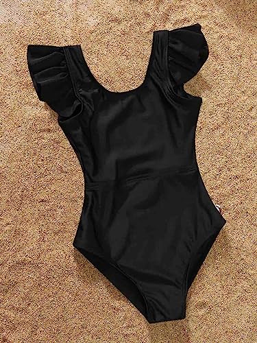 Mom and Me Matching Family Swimsuit Solid Color Small Fly Sleeves One-Piece Mother Daughter Girl One Piece Swimsuit (3-9 Years, A-Black Girls, 8-9 Years)