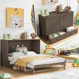 feelle queen size murphy bed with built-in charging station, multifunctional bed frame with large drawer, fold out couch bed, antique grey