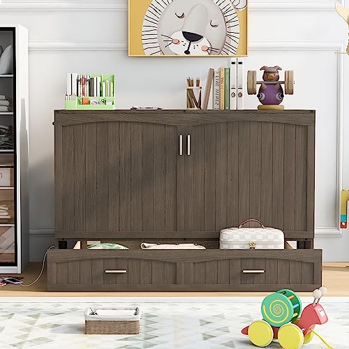 FEELLE Queen Size Murphy Bed with Built-in Charging Station, Multifunctional Bed Frame with Large Drawer, Fold Out Couch Bed, Antique Grey