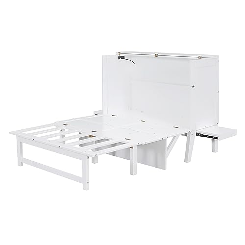 WADRI Modern Full Size Murphy Bed with USB Port and Removable Shelves on Each Side, Wood Mobile Murphy Chest Bed, Muti-Functional Cabinet Bed for Kids Teens Adult (White+Full-60)