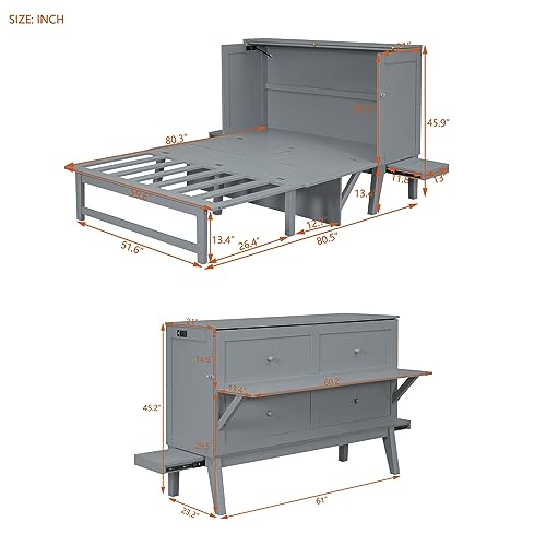 NCKMYB Murphy Bed Cabinet Queen Size Wooden Murphy Bed Chest with USB Port and Desk, Murphy Cabinet Bed for Guest Room or Small Space, Grey