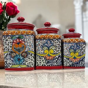 Red Rim XL Handcrafted Folk Art Talavera Canisters | Mexican Ceramic | Floral & Colorful | Kitchen Storage Jars