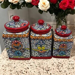 Red Rim XL Handcrafted Folk Art Talavera Canisters | Mexican Ceramic | Floral & Colorful | Kitchen Storage Jars