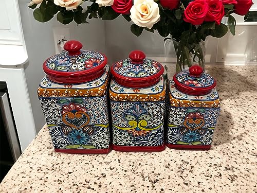 Red Rim XL Handcrafted Folk Art Talavera Canisters | Mexican Ceramic | Floral & Colorful | Kitchen Storage Jars