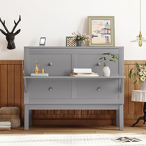 DEINPPA Murphy Bed Chest Full Size, Murphy Cube Cabinet Bed with Charging Station and Adjustable Shelves On Both Sides, for Small Spaces, Guest Room Lounge or Office, Apartment-Grey