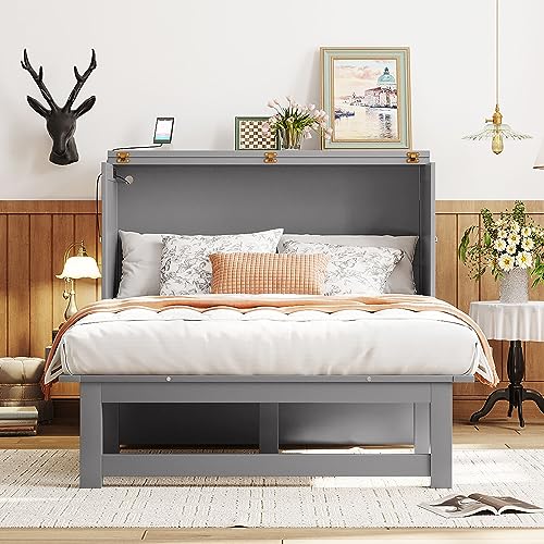 DEINPPA Murphy Bed Chest Full Size, Murphy Cube Cabinet Bed with Charging Station and Adjustable Shelves On Both Sides, for Small Spaces, Guest Room Lounge or Office, Apartment-Grey