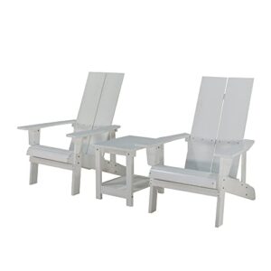 key west 3 piece outdoor patio all-weather plastic wood adirondack bistro set, 2 adirondack chairs, and 1 small, side, end table set for deck, backyards, garden, lawns, poolside, and beaches, white