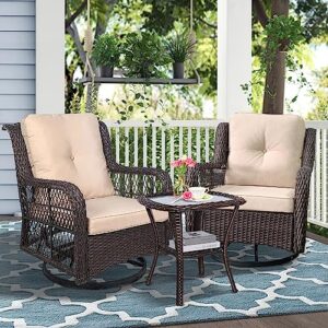 Outdoor Bistro Set 3 Pieces, Outdoor Resin Wicker Swivel Rocker Patio Chair, 360-Degree Swivel Rocking Chairs and Tempered Glass Top Side Coffee Table, Outdoor Rattan Conversation Sets (Khaki)