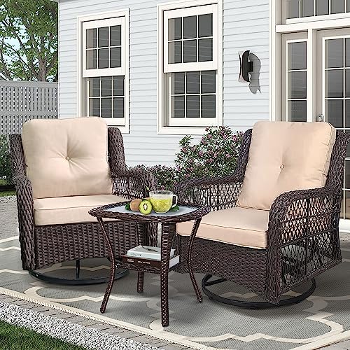 Outdoor Bistro Set 3 Pieces, Outdoor Resin Wicker Swivel Rocker Patio Chair, 360-Degree Swivel Rocking Chairs and Tempered Glass Top Side Coffee Table, Outdoor Rattan Conversation Sets (Khaki)