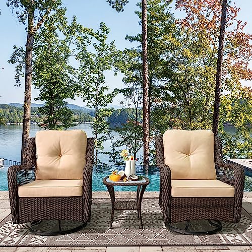 Outdoor Bistro Set 3 Pieces, Outdoor Resin Wicker Swivel Rocker Patio Chair, 360-Degree Swivel Rocking Chairs and Tempered Glass Top Side Coffee Table, Outdoor Rattan Conversation Sets (Khaki)