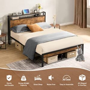 Zevemomo Queen Bed Frame, Queen Size Metal Platform Bed Frame with 2-Tier Storage Wood Headboard and Power Outlets, USB Ports Charging Station/No Box Spring Needed/Noise-Free/Easy Assembly/Brown