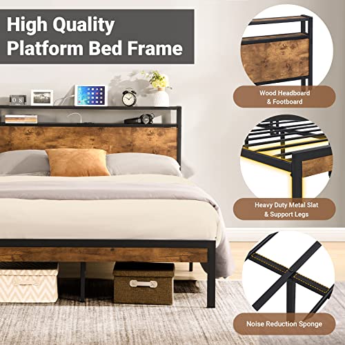 Zevemomo Queen Bed Frame, Queen Size Metal Platform Bed Frame with 2-Tier Storage Wood Headboard and Power Outlets, USB Ports Charging Station/No Box Spring Needed/Noise-Free/Easy Assembly/Brown