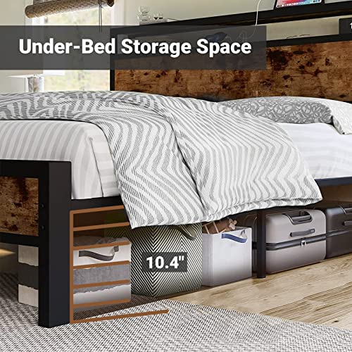 Zevemomo Queen Bed Frame, Queen Size Metal Platform Bed Frame with 2-Tier Storage Wood Headboard and Power Outlets, USB Ports Charging Station/No Box Spring Needed/Noise-Free/Easy Assembly/Brown