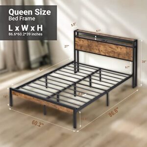 Zevemomo Queen Bed Frame, Queen Size Metal Platform Bed Frame with 2-Tier Storage Wood Headboard and Power Outlets, USB Ports Charging Station/No Box Spring Needed/Noise-Free/Easy Assembly/Brown